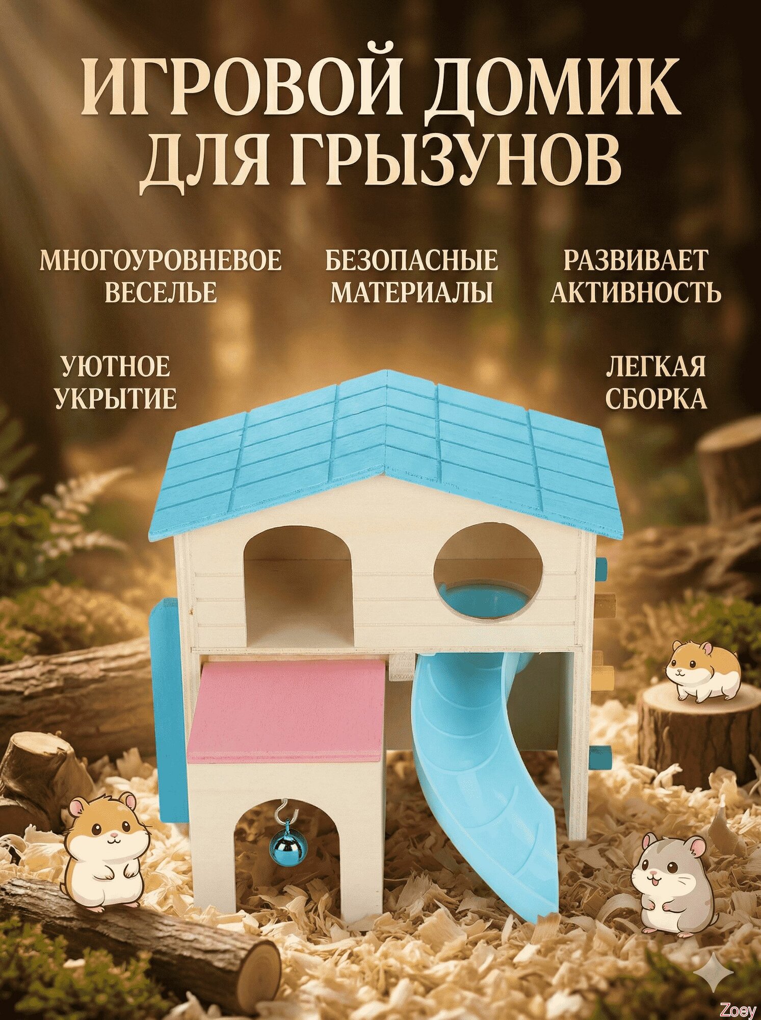 Деревянный домик для хомяка с горкой, лестницей и колокольчиком, 17.2x15.8x16.2 см