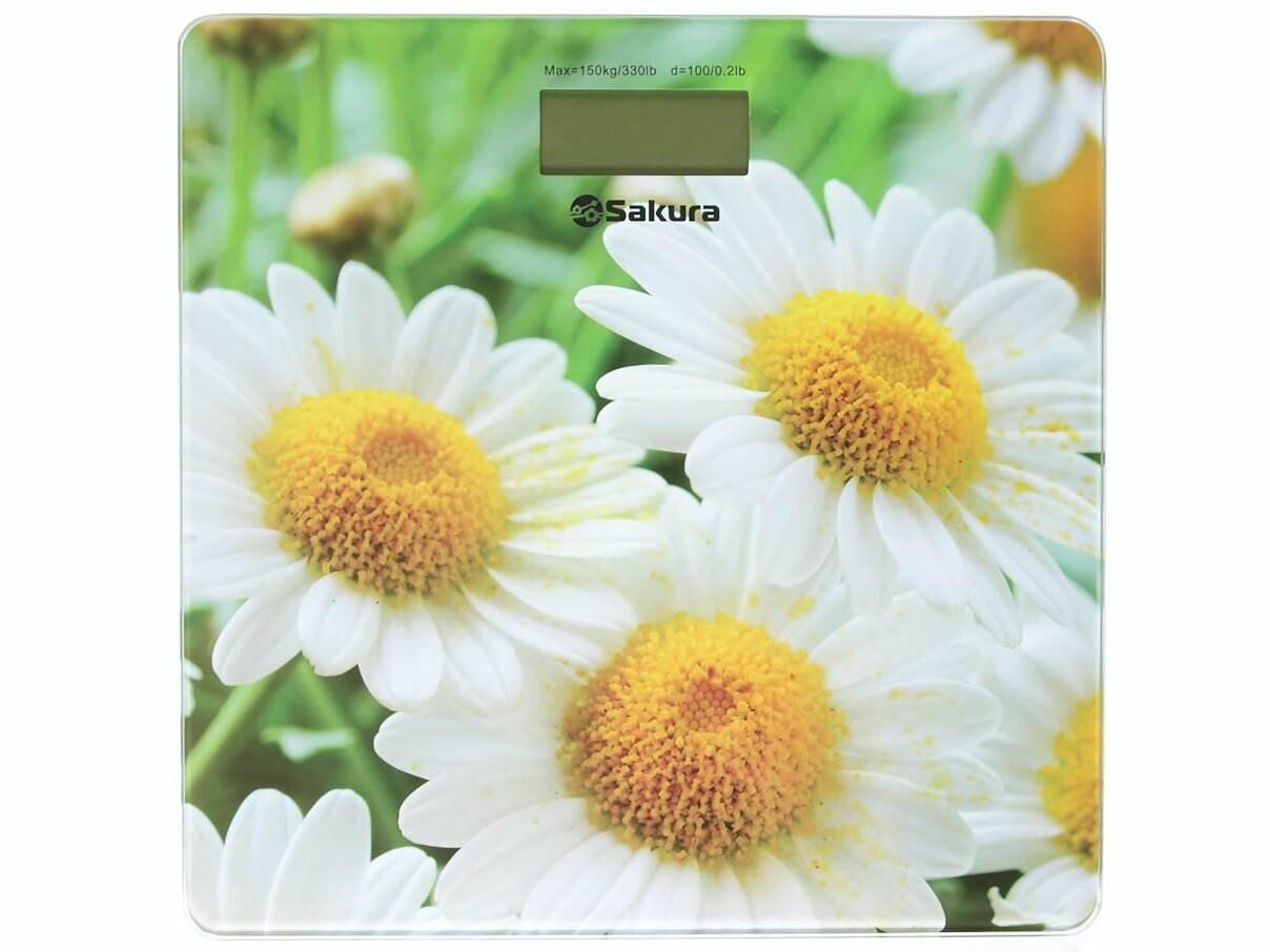 Весы напольные электронные Sakura «Ромашки» SA-5072, стекло, нагрузка до 150 кг, платформа 30x30 см, точность 0.1 кг