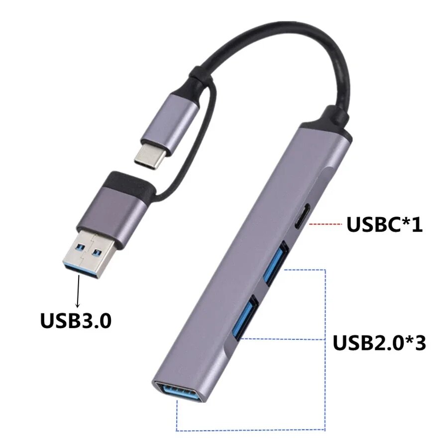 USB-C концентратор GRWIBEOU, USB 3.0, USB2.0*3, серый (809C)