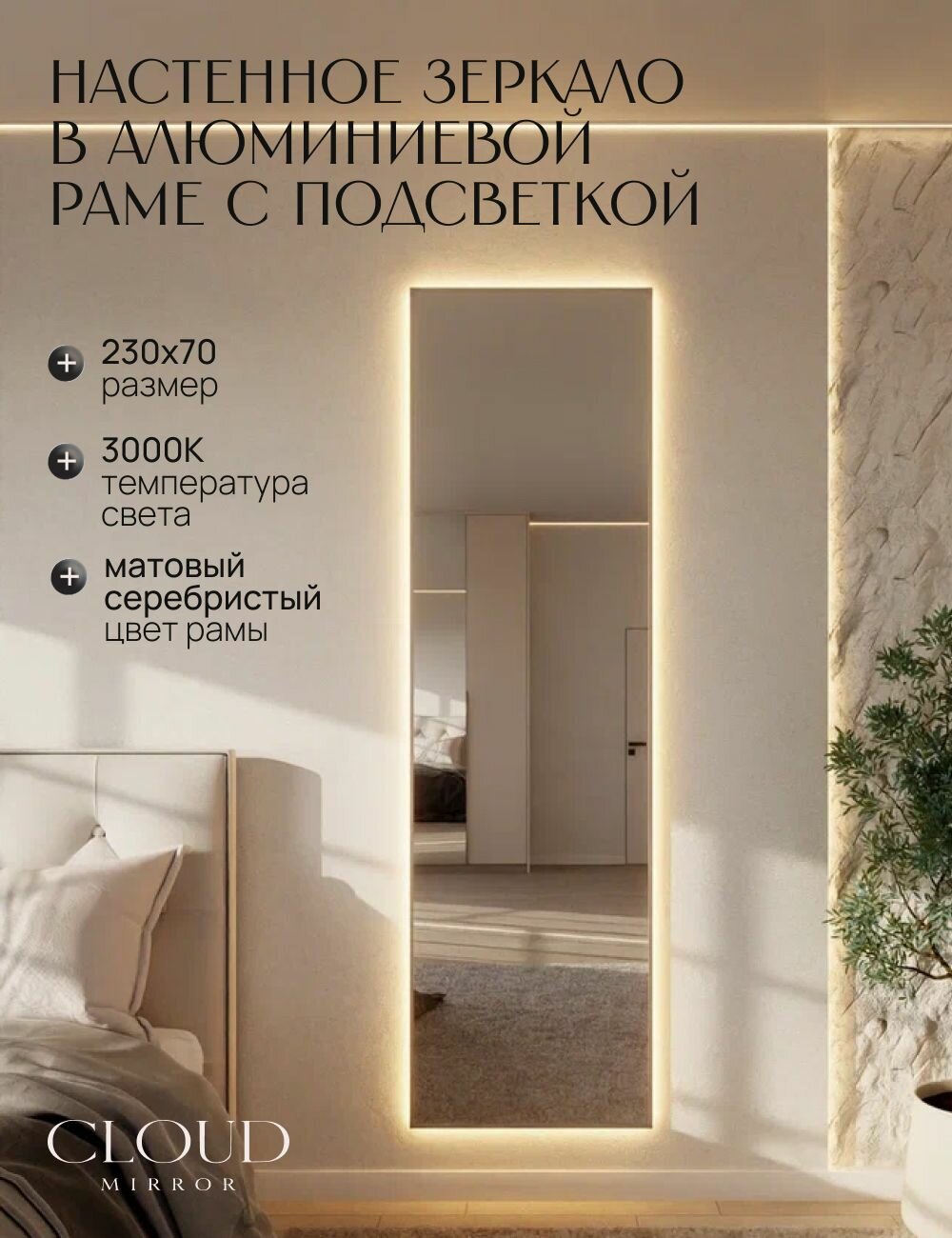 Зеркало 230х70 см. серебро с подсветкой. Свет: Теплый белый 3000К. В алюминиевой раме интерьерное настенное CLOUD MIRROR