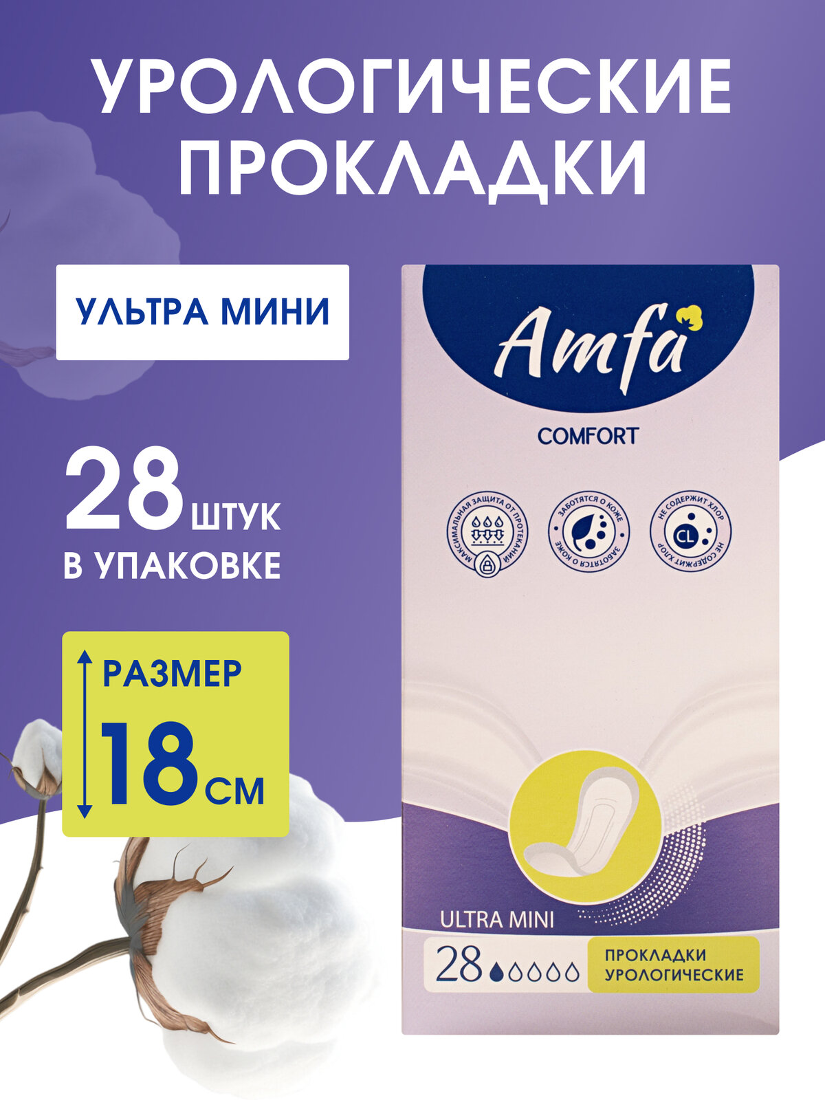 Прокладки урологические Amfa Comfort, ultra mini, 1 капля из 5, 28шт
