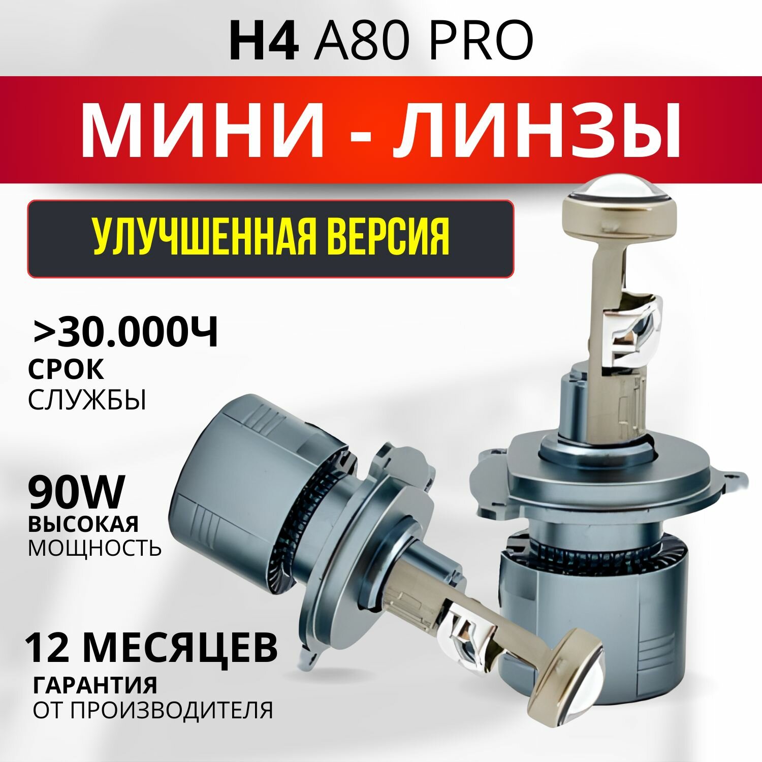 Самые яркие линзованные led лампы H4 A80 PRO SERIES; Мини линзы H4 premium
