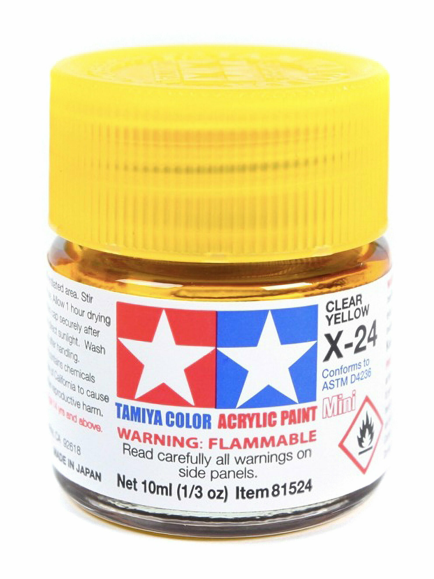 Лак акриловый полупрозрачный желтый Tamiya Color X-24 Clear Yellow 81524 глянцевый, 10 мл