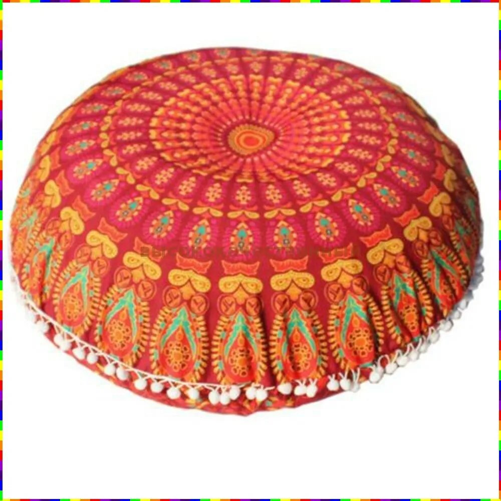 Декоративная круглая наволочка для подушки 43x43 см, с узором мандала и помпонами