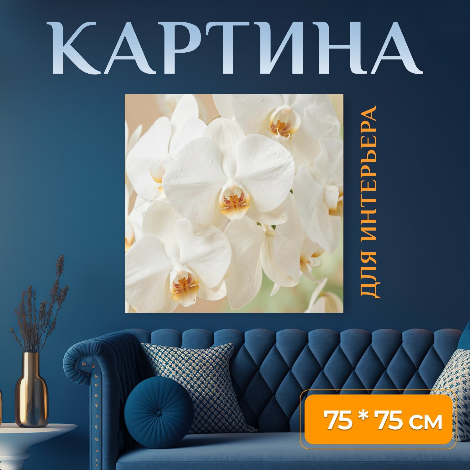 Картина на холсте "Белые орхидеи с каплями росы. Нежные тропические цветы крупным планом, лепестки с каплями воды, молочно-белая и кремовая." на подрамнике 75х75 см. для интерьера