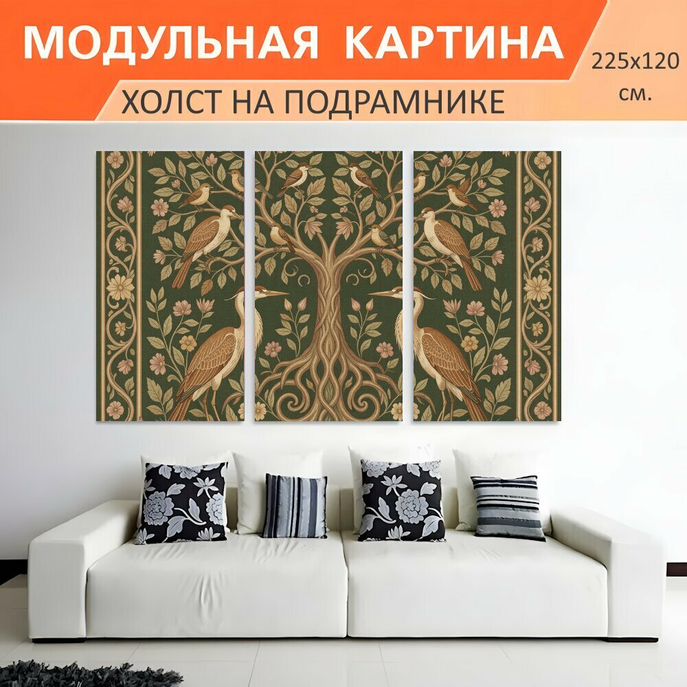 Модульная картина на холсте "Птицы на дереве в орнаменте. Декоративная композиция с пернатыми, сидящими на ветвистом дереве среди." триптих на подрамнике 225х120 см. для интерьера