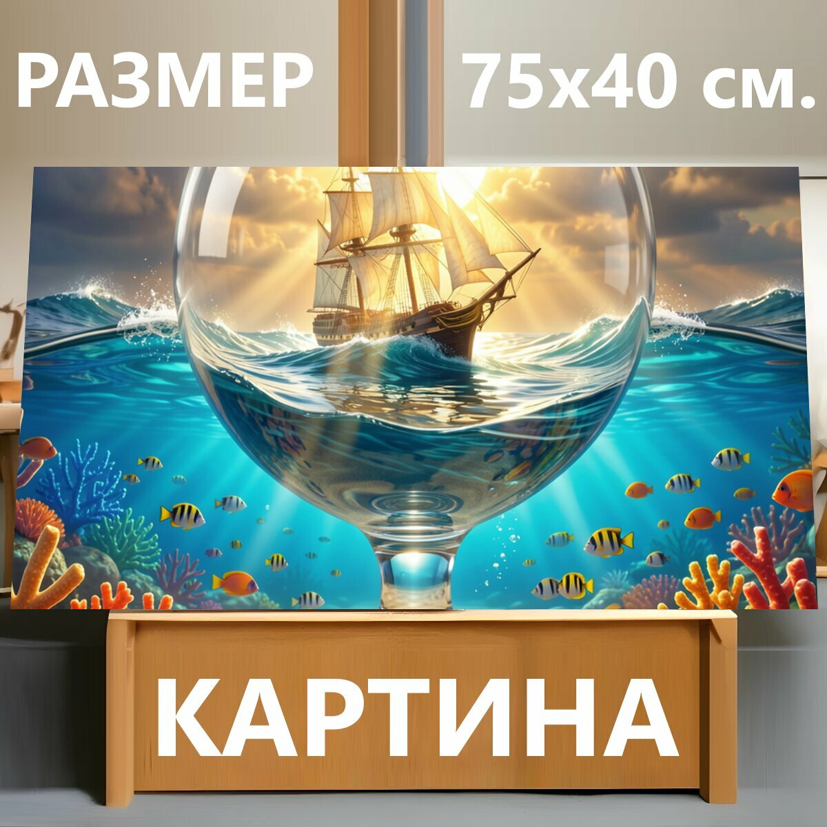 Картина на холсте "Парусник в морской сфере. Фантастическая морская композиция с парусным судном в прозрачной сфере, подводным рифом, яркими." на подрамнике 75х40 см. для интерьера