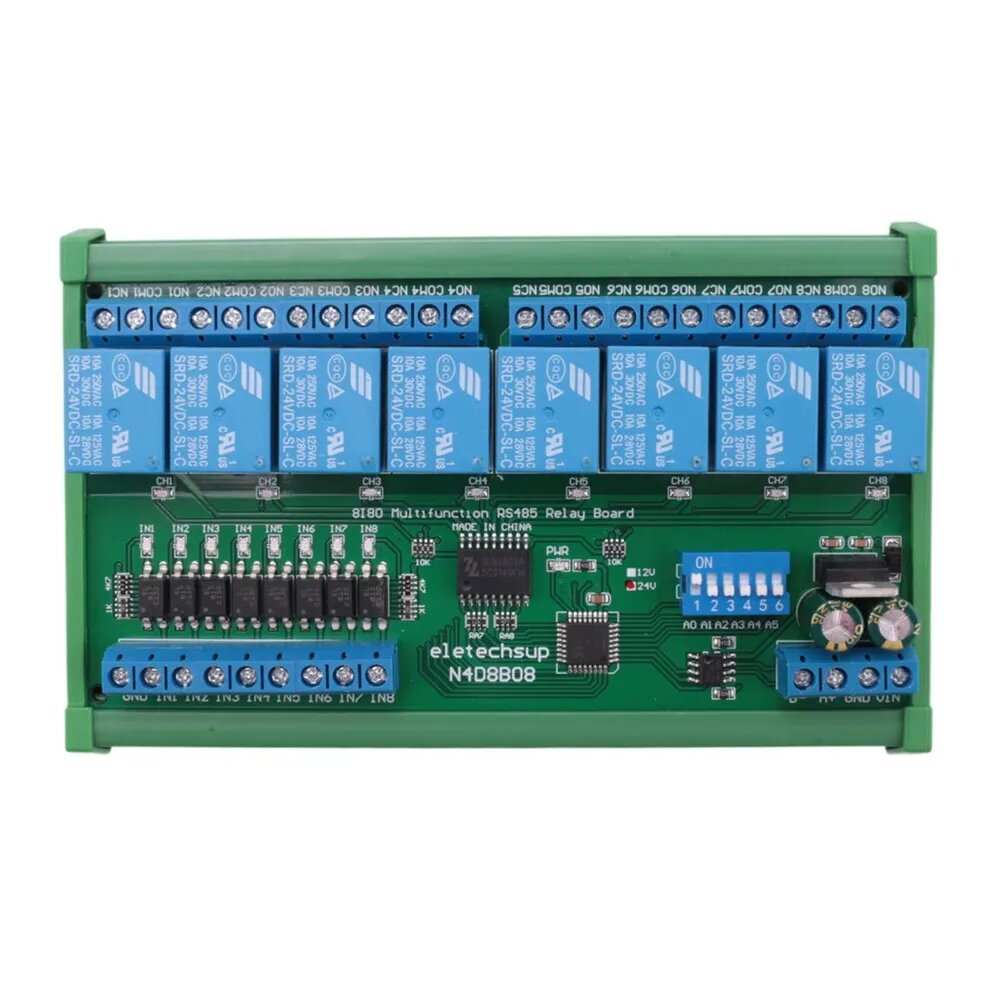 24 В пост. тока, 8 каналов, релейная плата RS485, Modbus RTU, UART, переключатель дистанционного управления, коробка DIN35 для рейки автоматического управления ПЛК