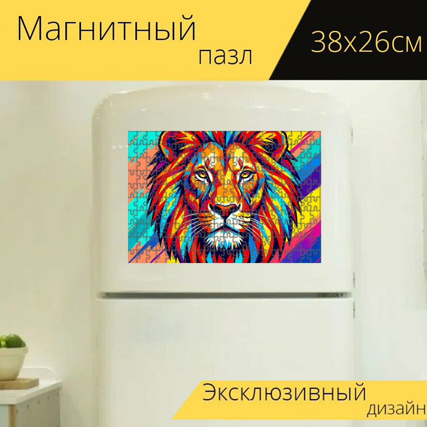 Магнитный пазл "Яркий лев в неоновых цветах. Стильный поп-арт образ царя зверей с разноцветной гривой, выразительным взглядом и контрастными диагональными." для интерьера, 38х26 см.
