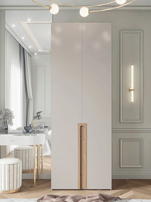 Casa Mia 60x50x260 см. Дизайнерский шкаф для одежды узкий распашной с ящиками и штангой, 2-дверный , кашемир, ручка из массива дуба