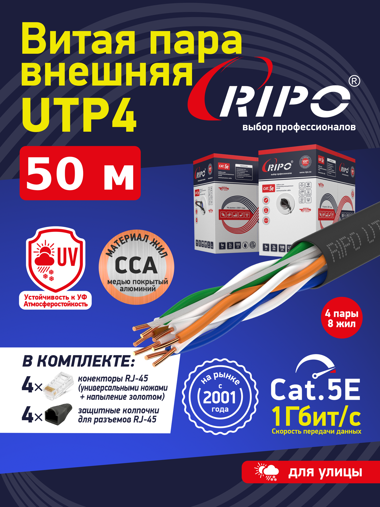 Интернет кабель витая пара LAN UTP4 CAT5E 24AWG, омедненный алюминий, уличный, 50 м