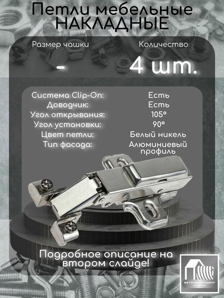 Петли для алюминиевого профиля, доводчик, система clip-on, белый никель, 4 шт.