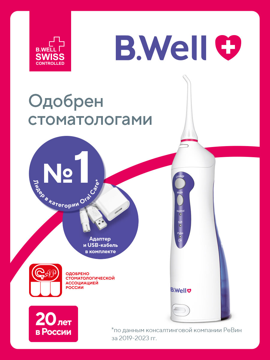 Портативный ирригатор для полости рта B.Well WI-911 с адаптером, 3 режима работы