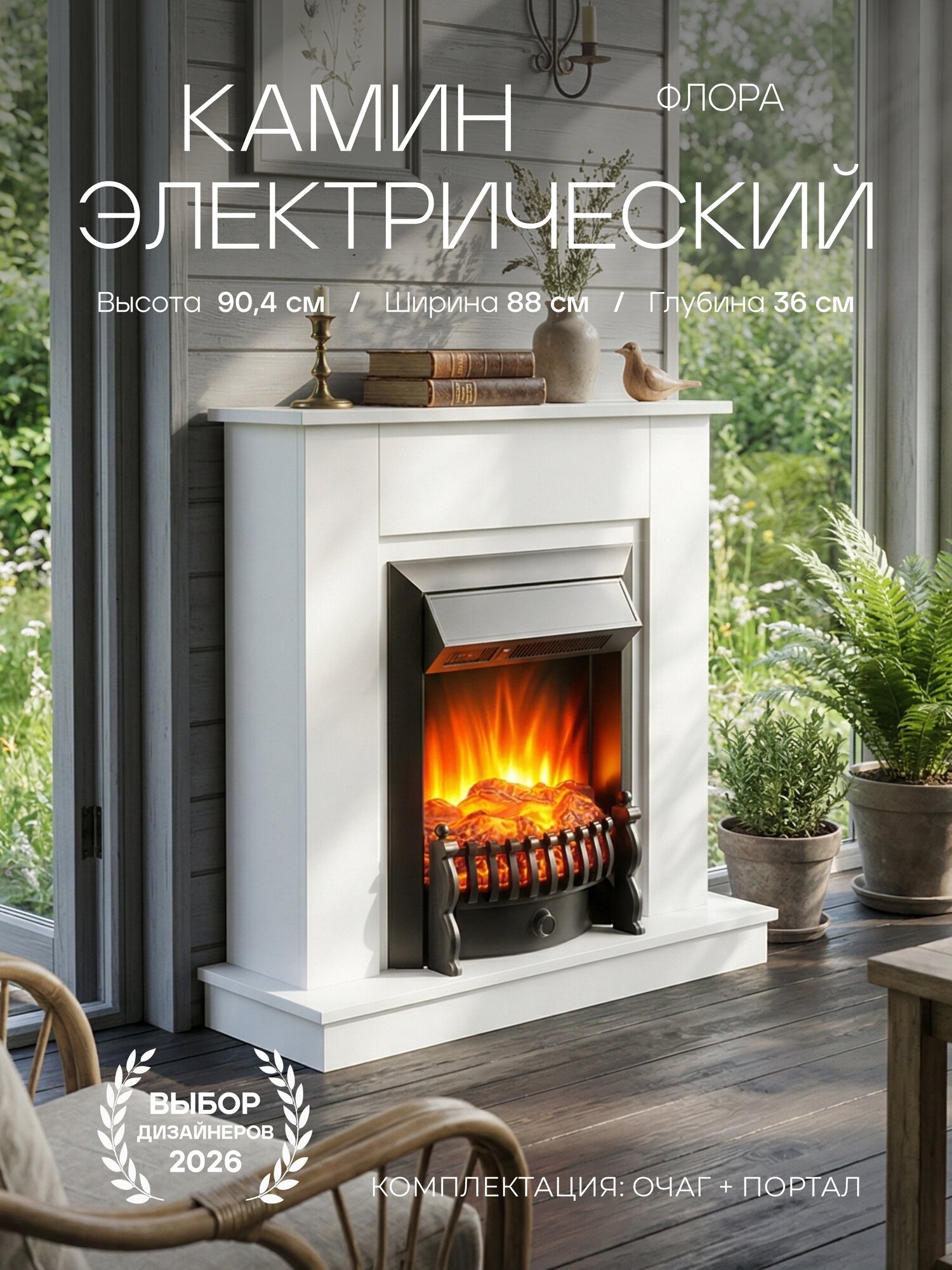 Электрический камин Флора белый с очагом Фобос, звук потрескивания дров, обогрев, имитация пламени