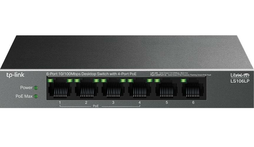 Коммутатор 6-портовый TP-Link LS106LP, Настольный 10/100 Мбит/с (4 порта PoE), 802.3af, бюджет PoE — 41 Вт, до 250 метров, PoE