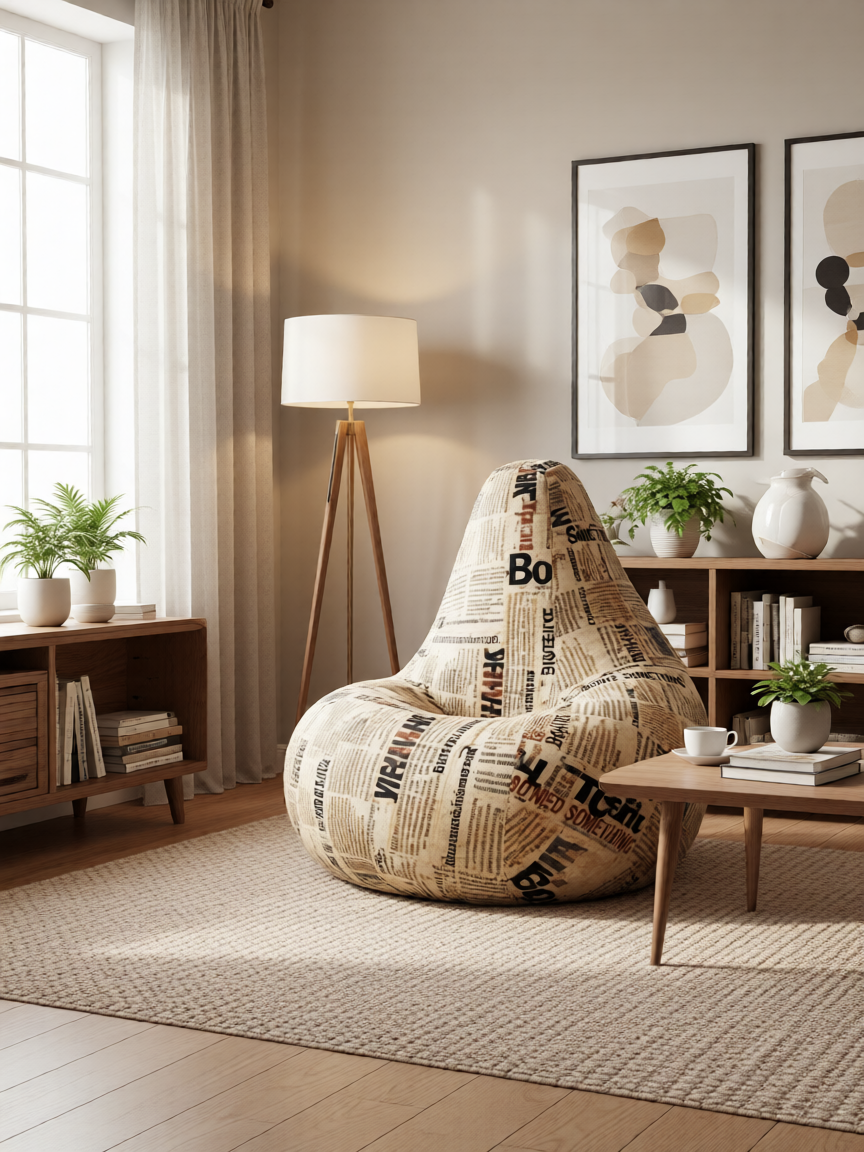 Мир Пуффов Кресло-мешок «Груша» размер- XXXXL, Газета жаккард , с ручкой для переноски