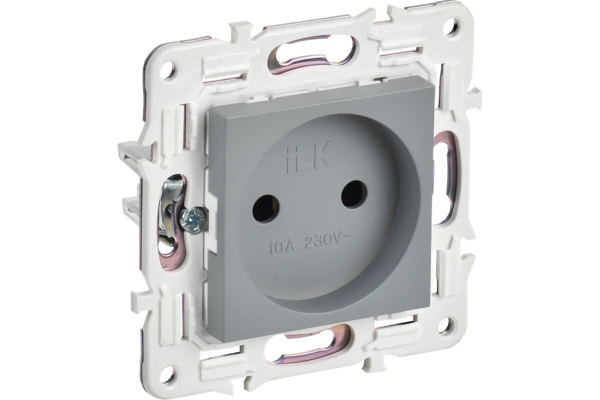 Розетка силовая IEK SKANDY SK‑R02Gr без заземления, 10 A, серый, из поликарбоната, встраиваемая скрытая установка, IP20, квадратная форма, 1 гнездо, 1 пост.