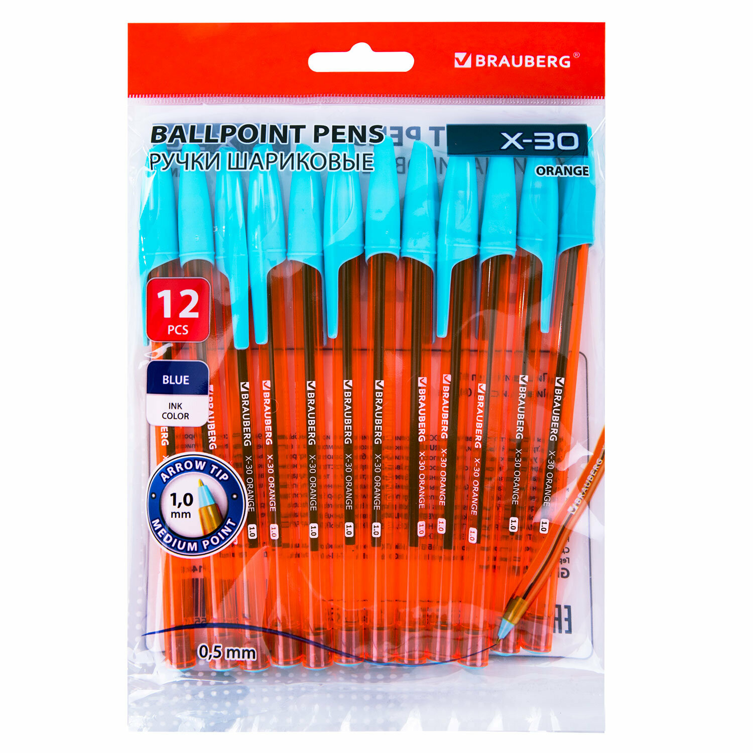 Brauberg Ручки шариковые X-30 Orange 12 шт синие пишущий узел 1 мм 0,5 мм 144334