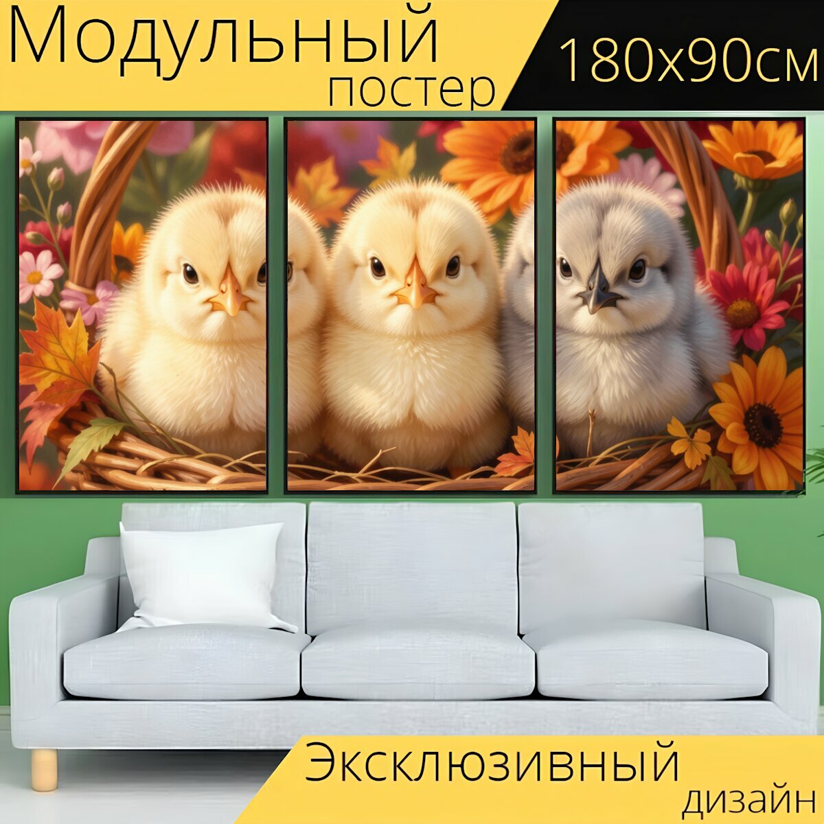 Модульный постер "Три пушистых цыплёнка в корзине. Нежная весенняя композиция с тремя милыми птенцами в плетёной корзинке среди ярких." 180 x 90 см. для интерьера на стену в тубусе