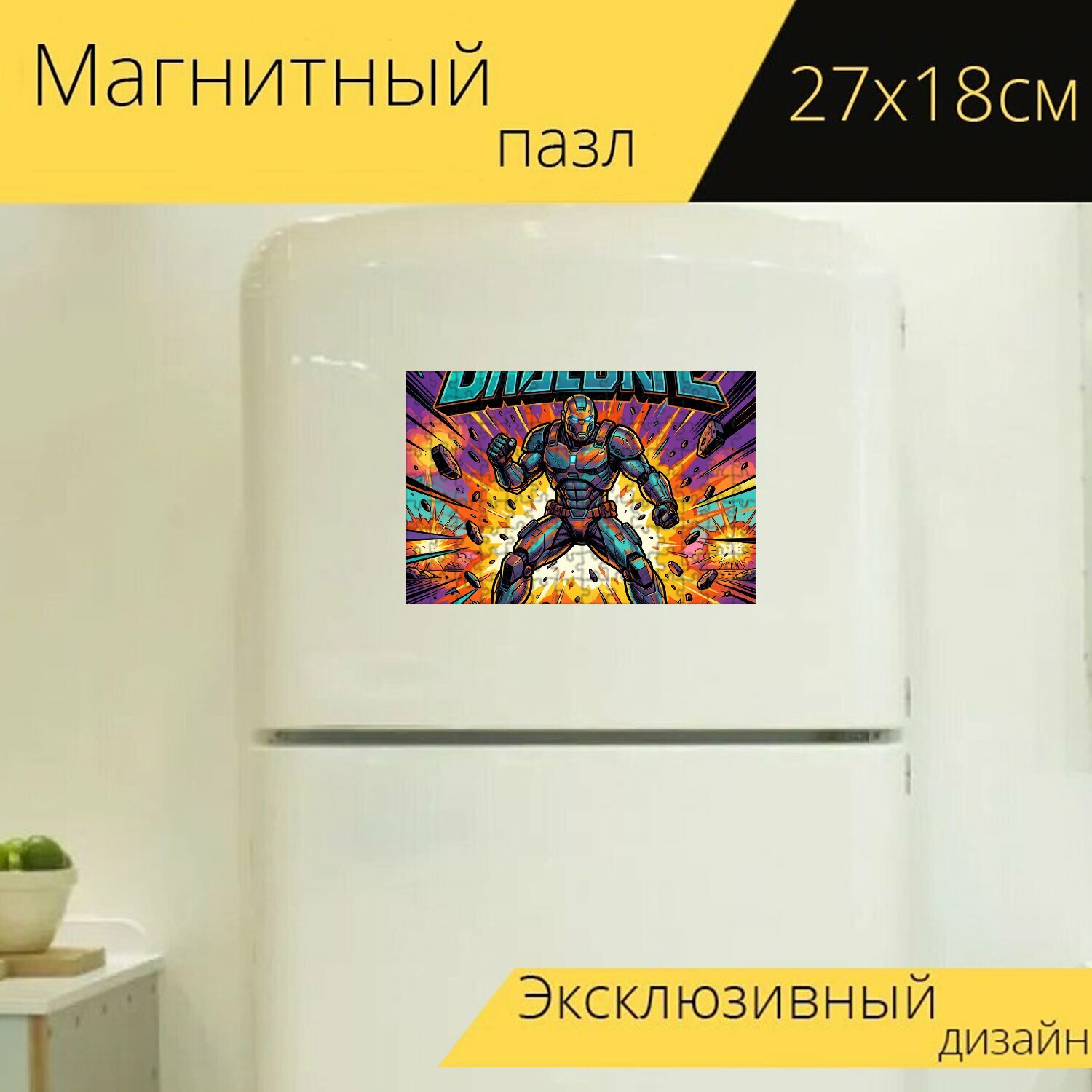 Магнитный пазл "Футуристический робот на фоне взрыва. Динамичная комикс-иллюстрация с бронированным андроидом в боевой стойке, вспышками, осколками и." на холодильник 27 x 18 см.