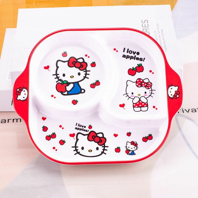 Детская посуда с мультяшным рисунком, миска с ручкой Hello Kitty, тарелка с разделителями для школьников, ударопрочная и противоожоговая миска и кружка.