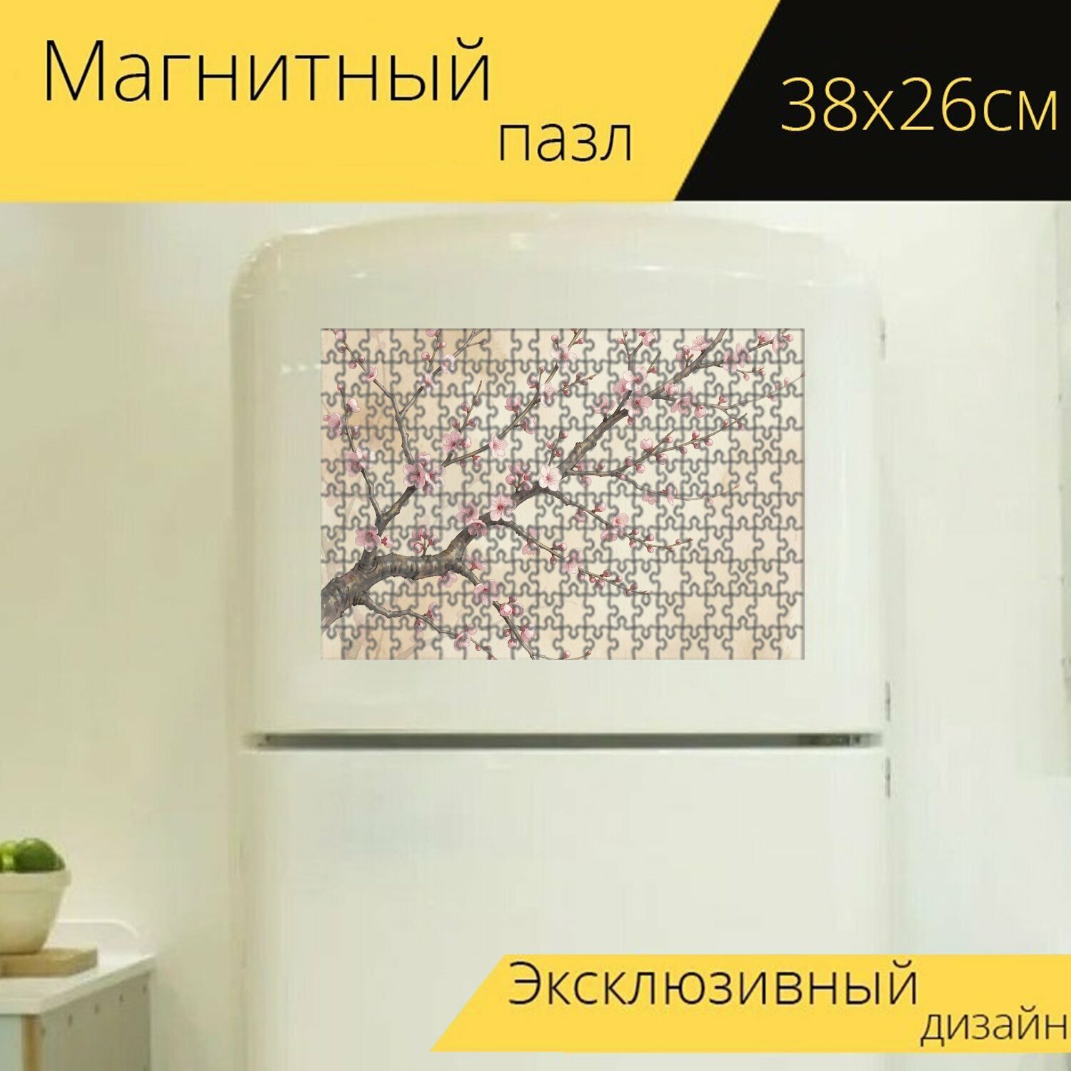 Магнитный пазл "Цветущая ветка сакуры акварелью. Нежные розовые цветы и бутоны на тонких древесных побегах, японская эстетика, акварельная иллюстрация в." для интерьера, 38х26 см.