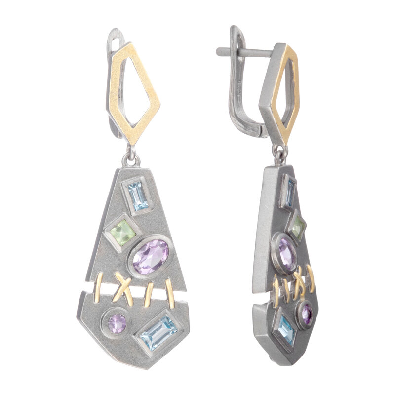 Серьги, серебро, 925 проба, золочение, топаз, перидот, аметист