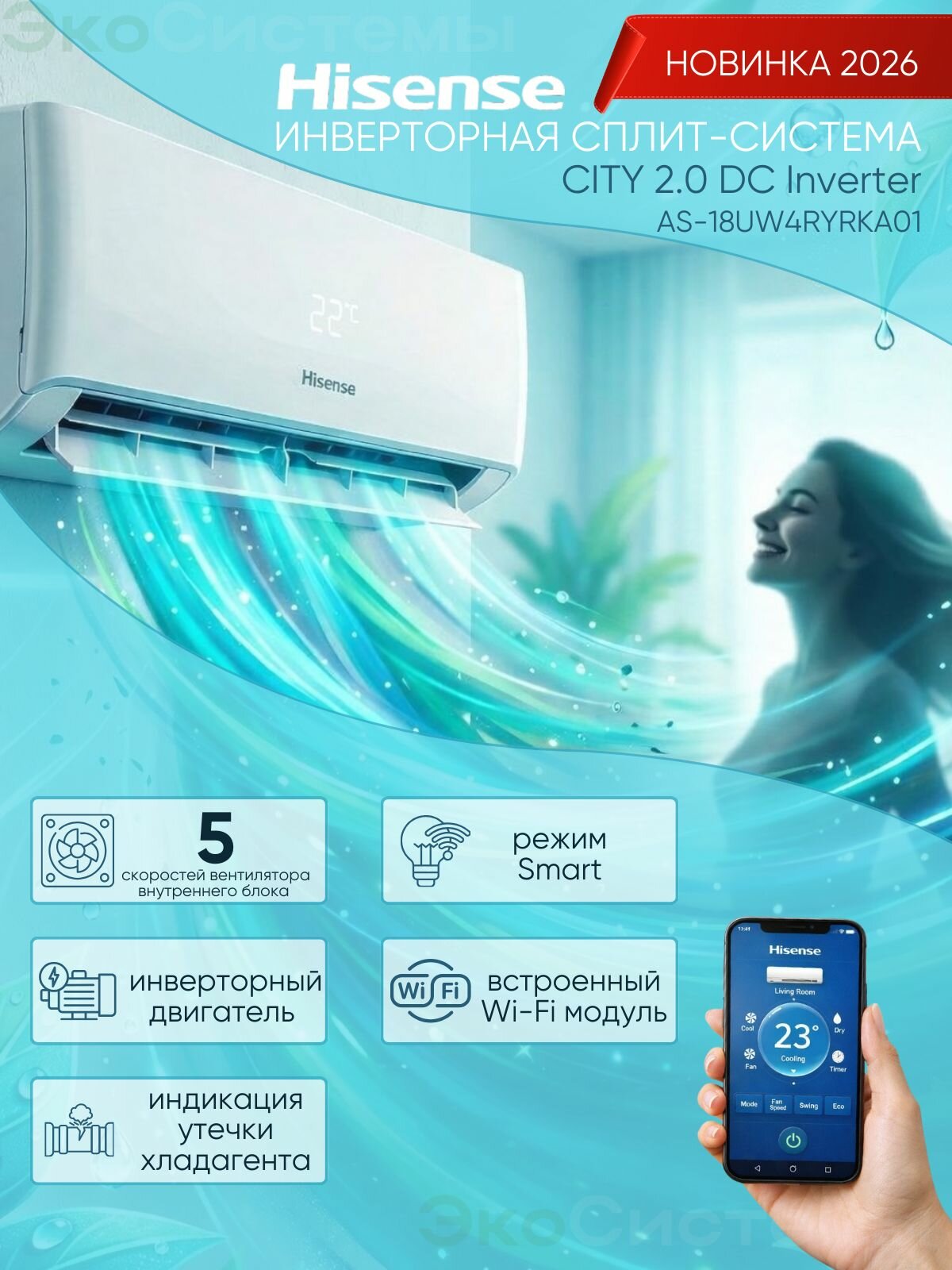 Сплит система Hisense CITY 2.0 DC Inverter AS-18UW4RMSKA02/ Wi-fi встроен, тихий, мощный