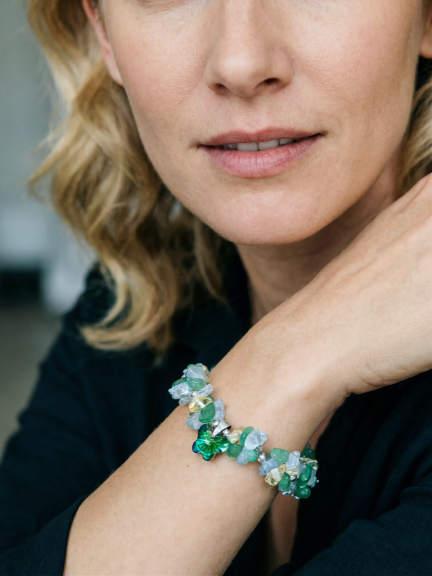 Плетеный браслет, аквамарин, нефрит, цитрин