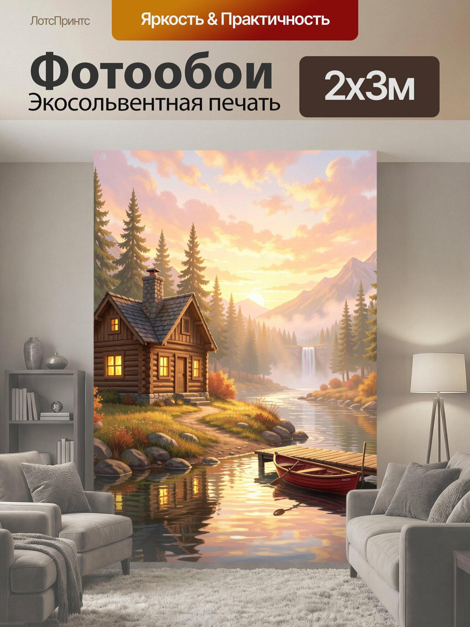 Фотообои "Уютный дом у горной реки. Живописный деревянный домик у воды в сосновом лесу, лодка у причала, водопад и туманные горы на рассвете." 200x300 см. экосольвентная печать