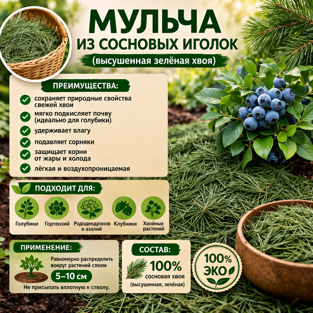 Мульча из сосновых зеленых иголок ( хвоя сосны)натуральный подкислитель почвы 300 г