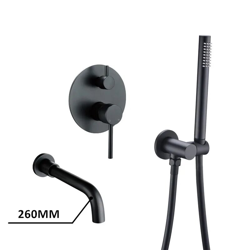Набор смесителей для душа в ванной комнате с ручным душем, краном-раздвижителем, держателем, латунным настенным кипящим и смесителем для ванны с двумя ручками — 260 мм, матовый черный