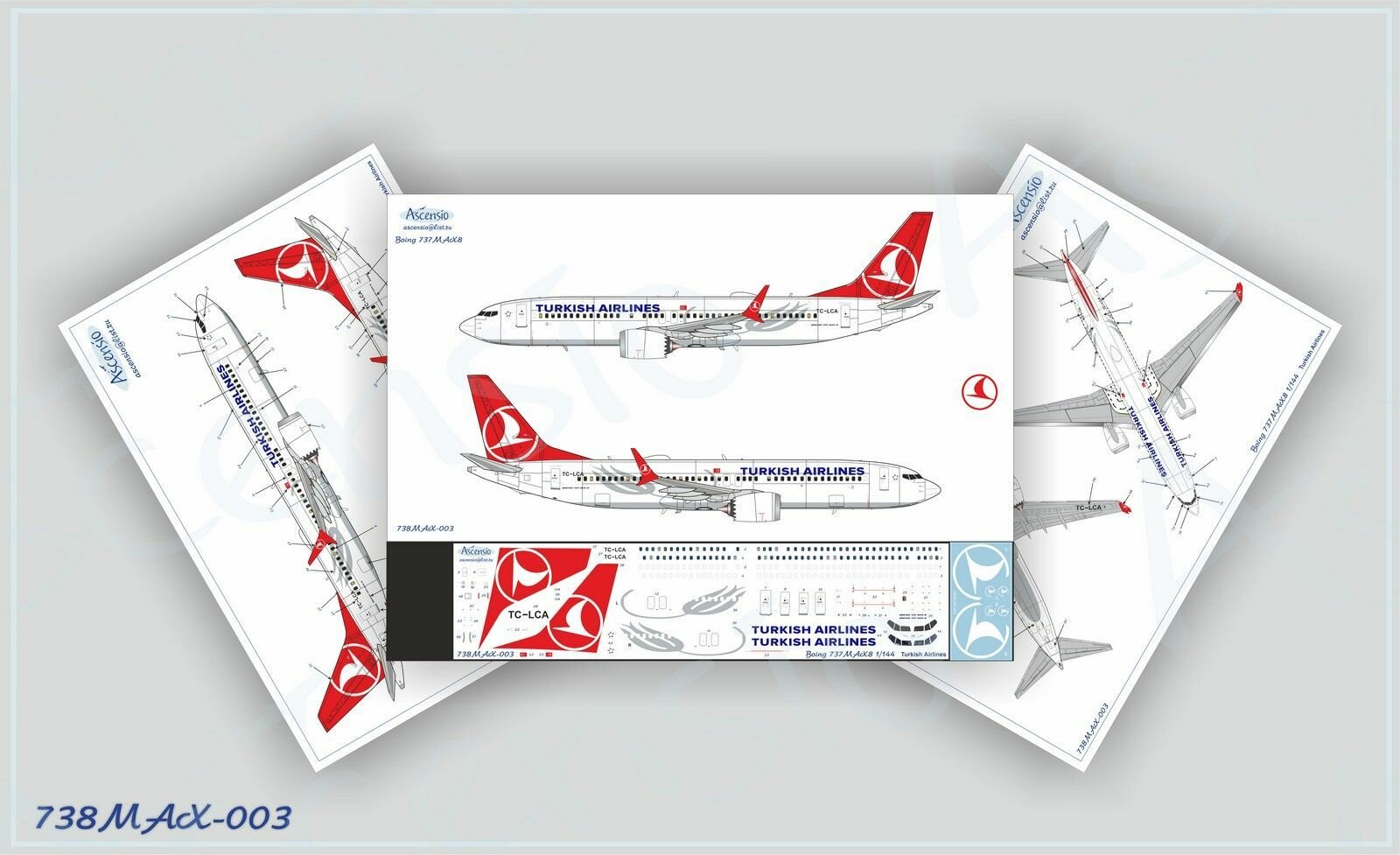 Декаль для сборной модели Boeing 737Max Turkish Airlines, Масштаб 1/144