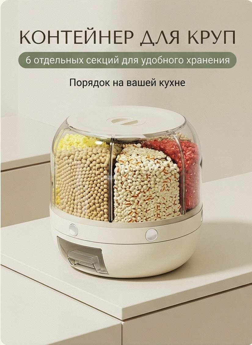 Диспенсер для круп с дозатором вращающийся кухонный 1 с 6 отсеками, общая емкость в 6 литров, органайзер для круп с разделителями и мерным контейнером для хранения сыпучих продуктов