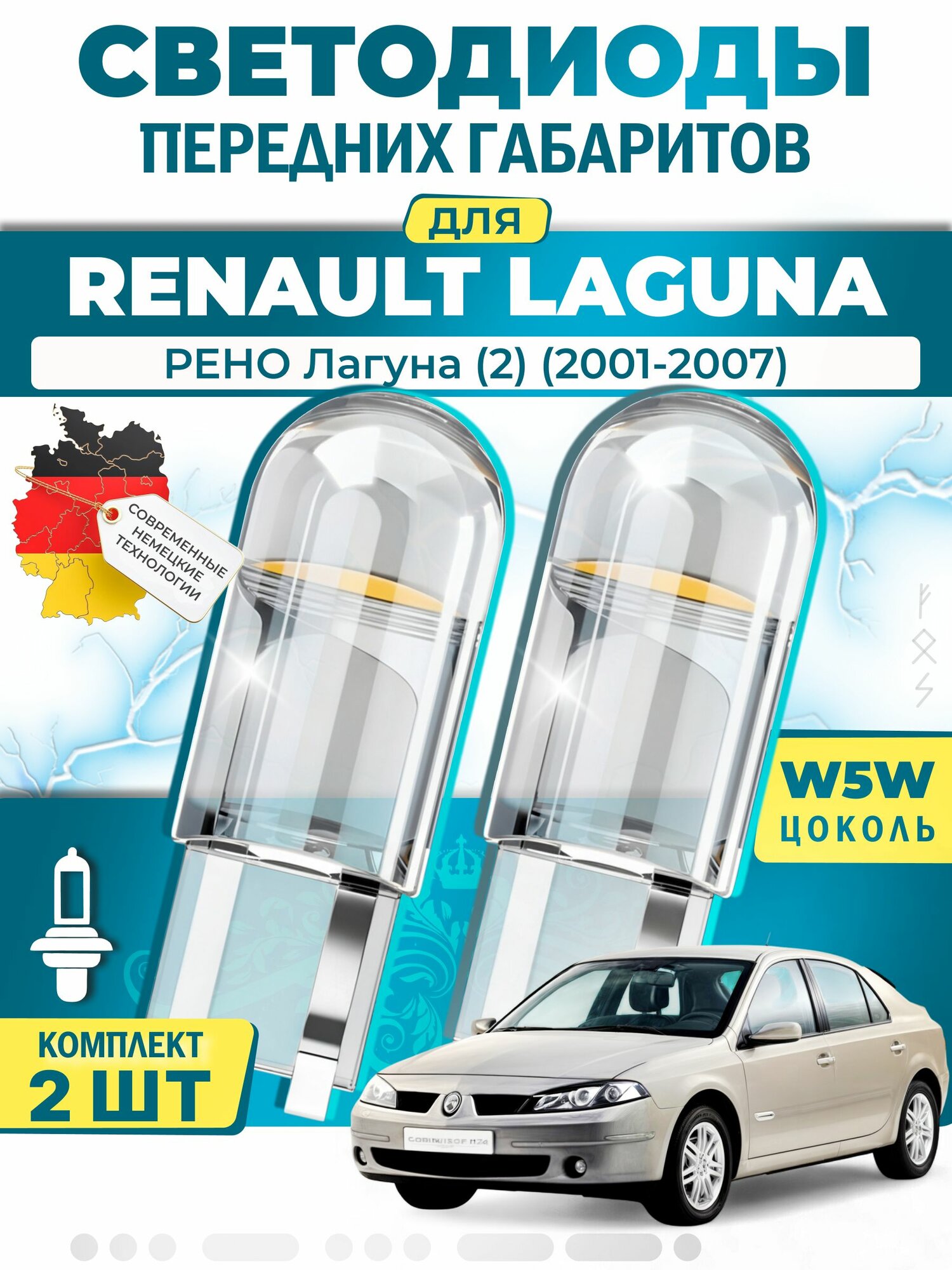 Лампы светодиодные габаритные для RENAULT LAGUNA II / рено Лагуна (2) (2001-2007), W5W ( LED - белый свет 5000k ) (комплект 2шт)