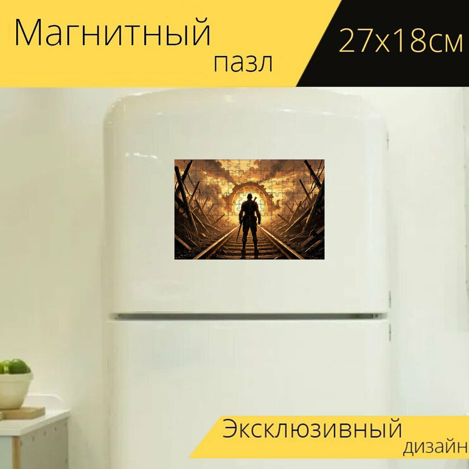 Магнитный пазл "Воин у светящегося портала. Силуэт вооружённого героя на железнодорожных путях среди руин и обломков, киберпанк и фэнтези-атмосфера." на холодильник 27 x 18 см.