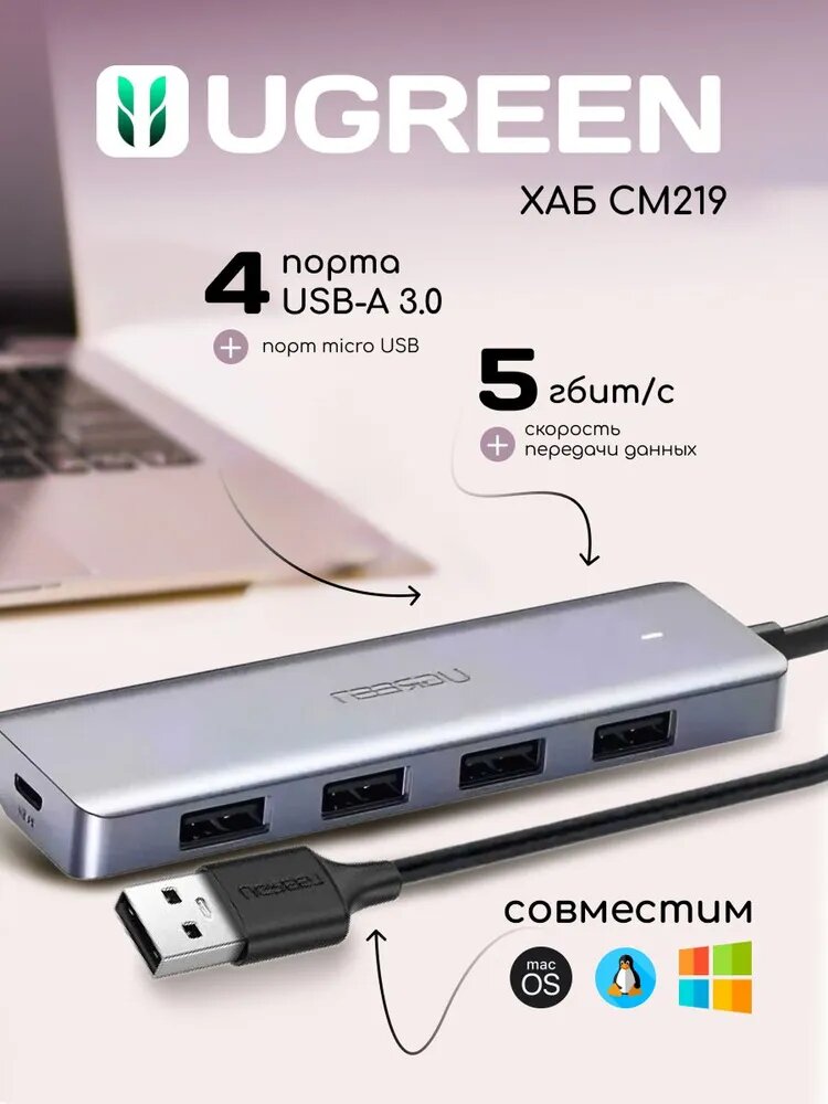 USB ХАБ с Type-C разъёмом UGREEN CM136, 3xUSB-A 3.0, USB-type-C, PD 100Вт, HDMI 4K