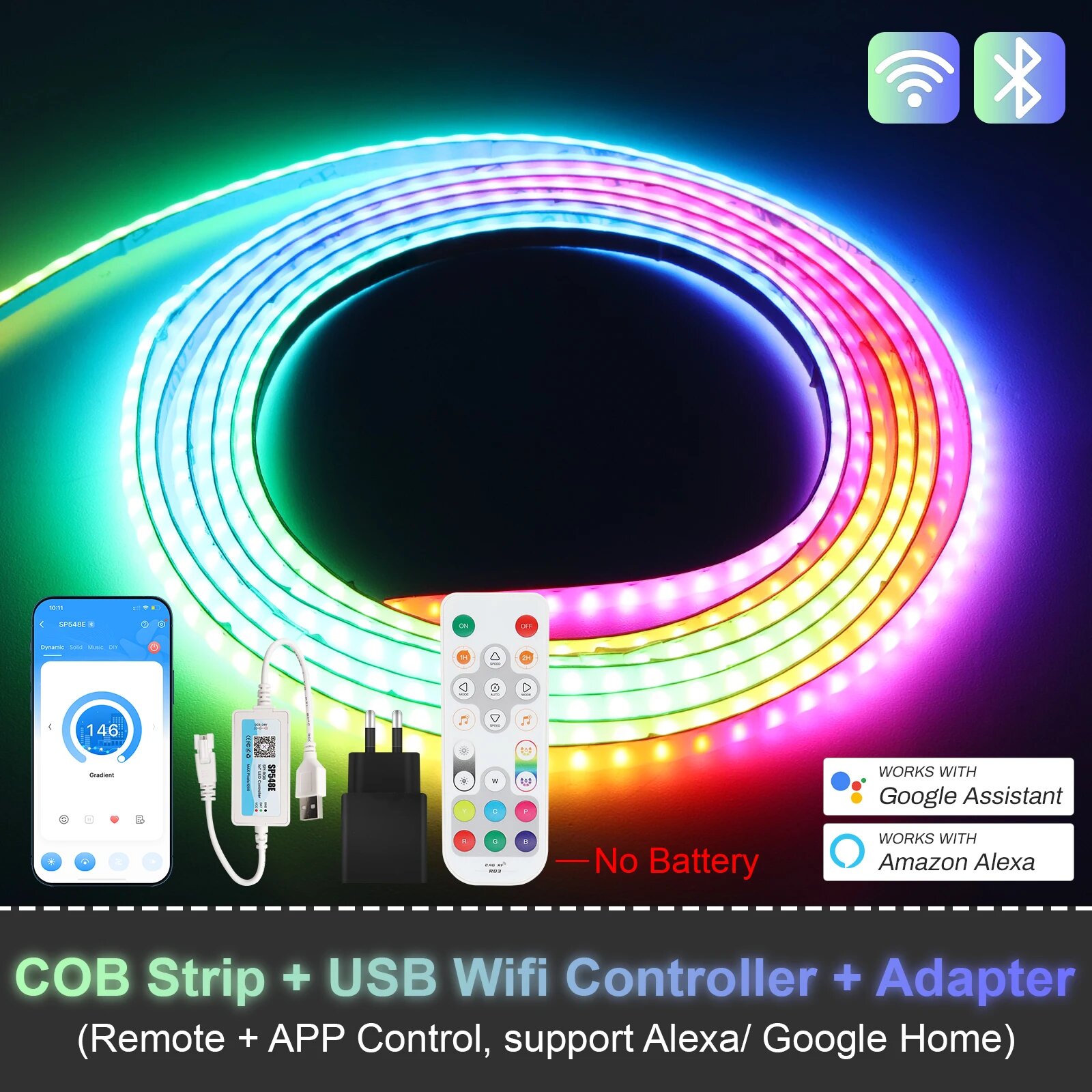Светодиодная лента COB RGB 5В, 2м, WIFI BT Kit
