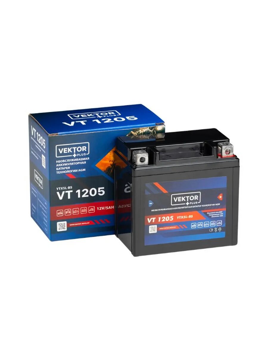 Аккумулятор мото VEKTOR АGM VT 1205 5Ah 80A (YTX5L-BS) обратная полярность (114x70x106)