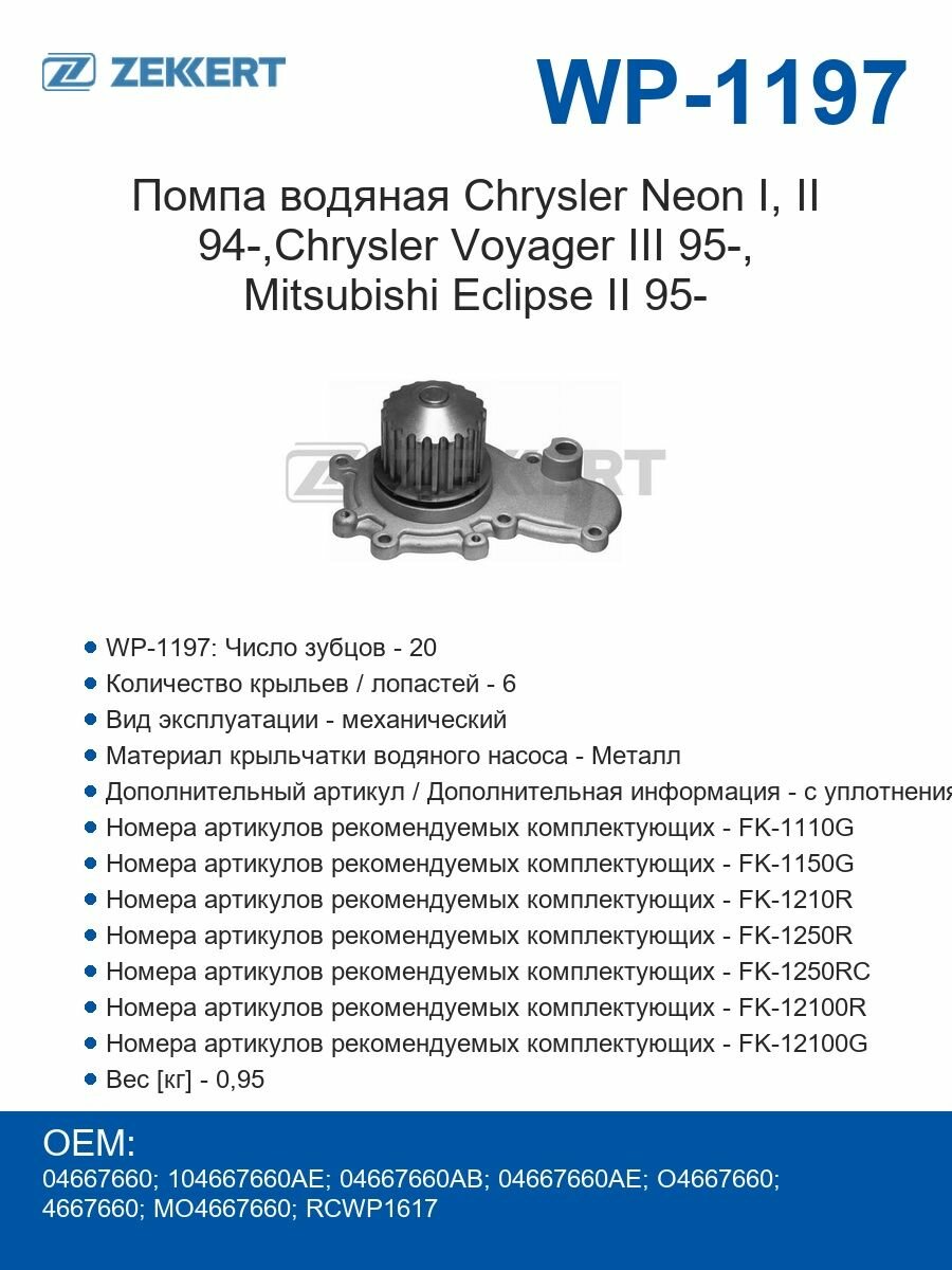 Zekkert Помпа водяная Chrysler Neon I, II 94-, Chrysler Voyager III 95-, Mitsubishi Eclipse II 95-