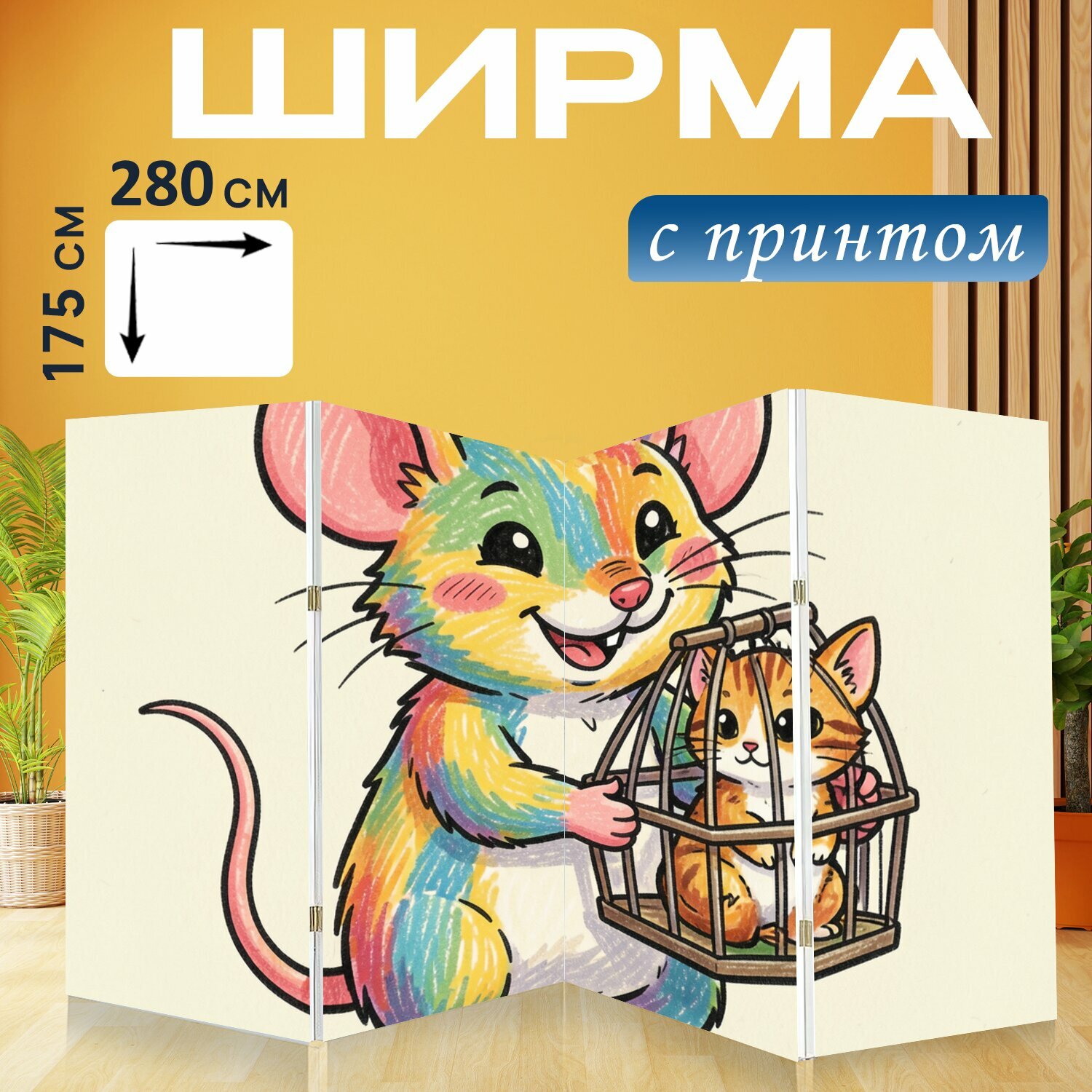 Ширма "Милые черный и белый котята с желтыми глазами, они выглядывают из-за двери, видно только по." перегородка для зонирования комнаты с принтом 280x175 см. на холсте