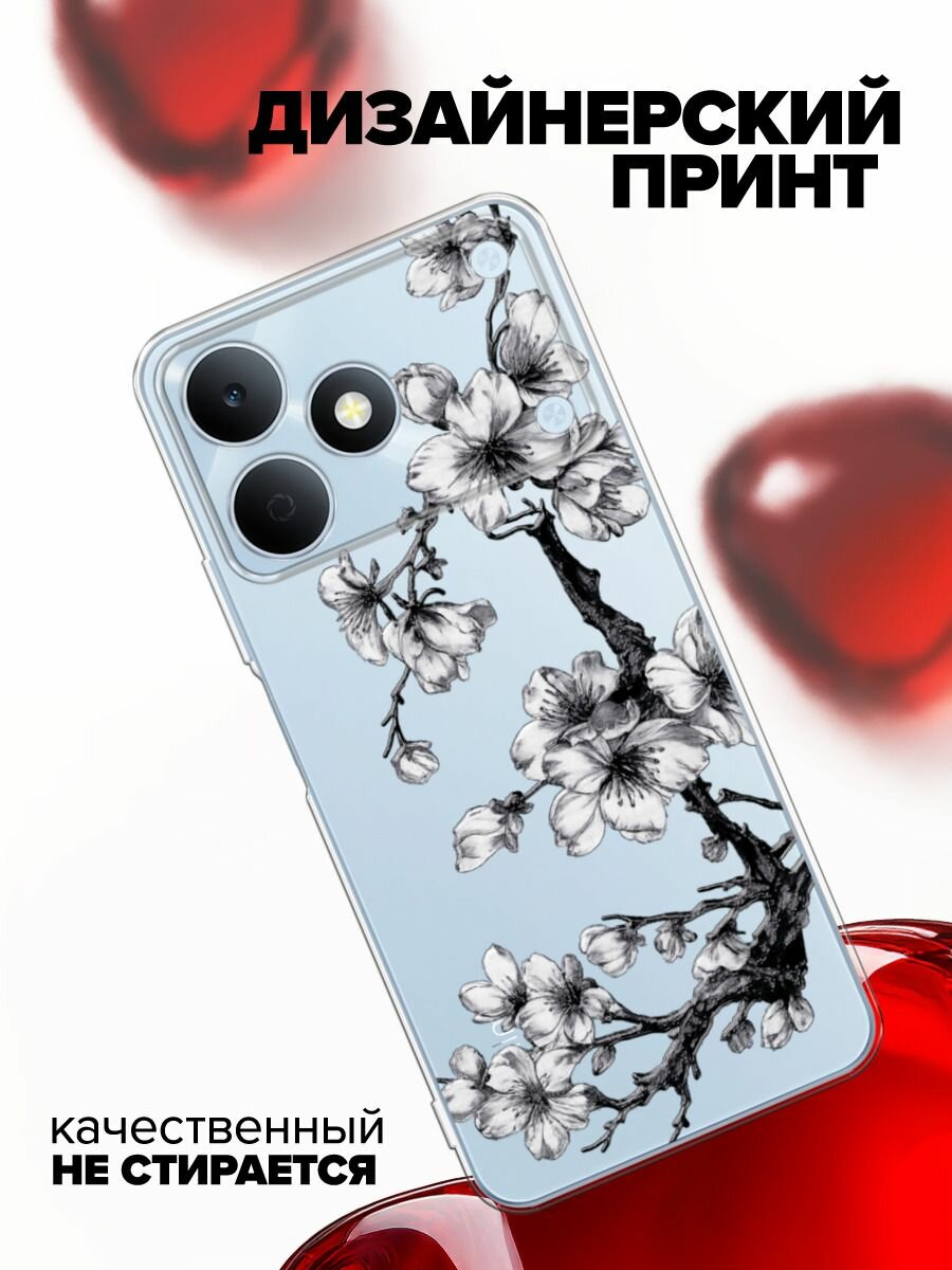 Силиконовый чехол на Realme Note 80 / Реалми Нот 80 с принтом Ветка сакуры серая — фото 1