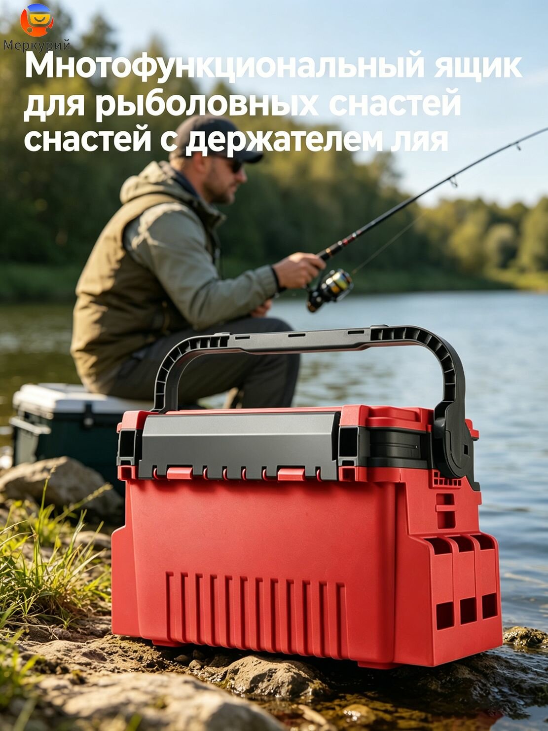 Многофункциональный ящик для рыболовных снастей с держателем для удилищ