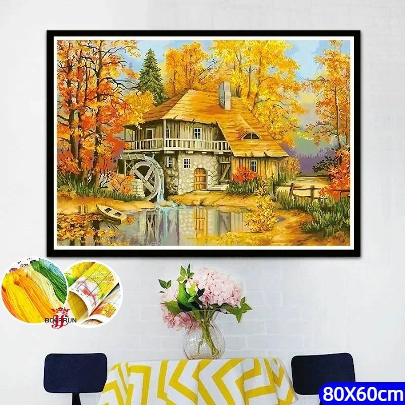 Вышивка крестом, наборы для вышивания крестиком, Красивый коттедж, канва 11CT 80x60 см, полная зашивка (без подрамника, без рамки)