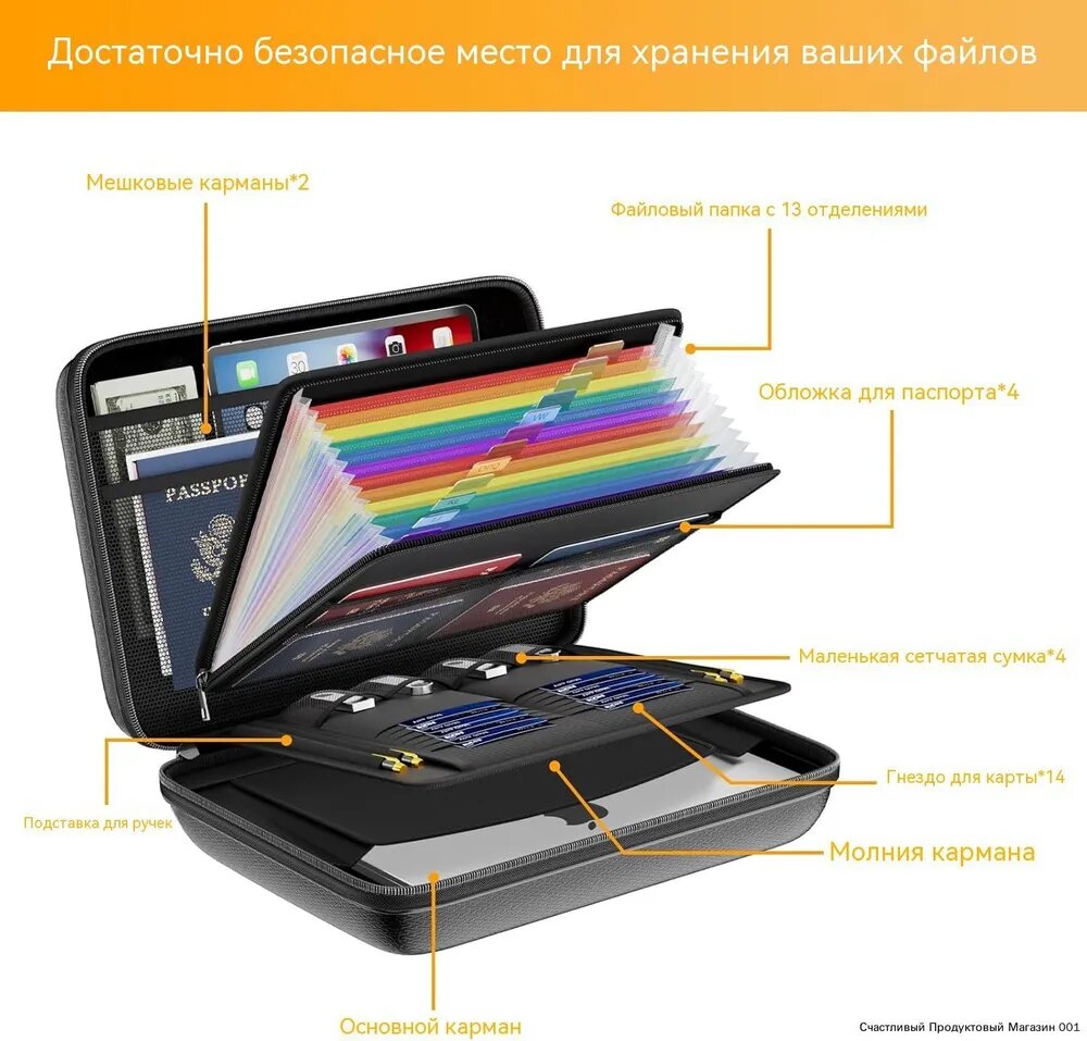 Папка-органайзер для документов с кодовым замком, формата A4, черного цвета — фото 1