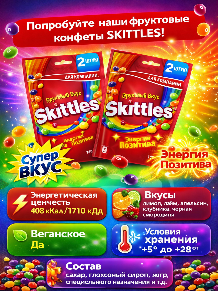 Драже SKITTLES Фрукты, 140г x 2 упаковки