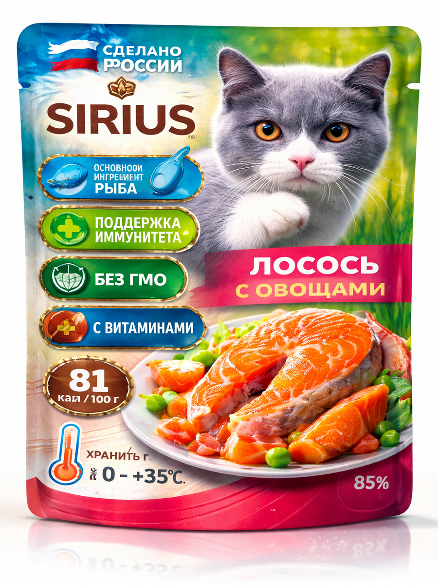 Корм влажный Sirius Premium для кошек с лососем и овощами, 85г