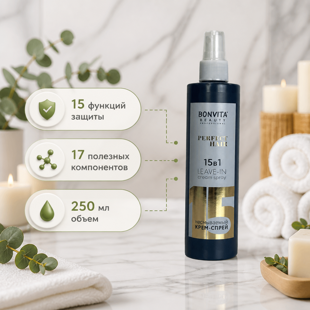Несмываемый спрей-маска BONVITA "Perfect Hair" 15в1, для всех типов волос, термозащита — фото 1