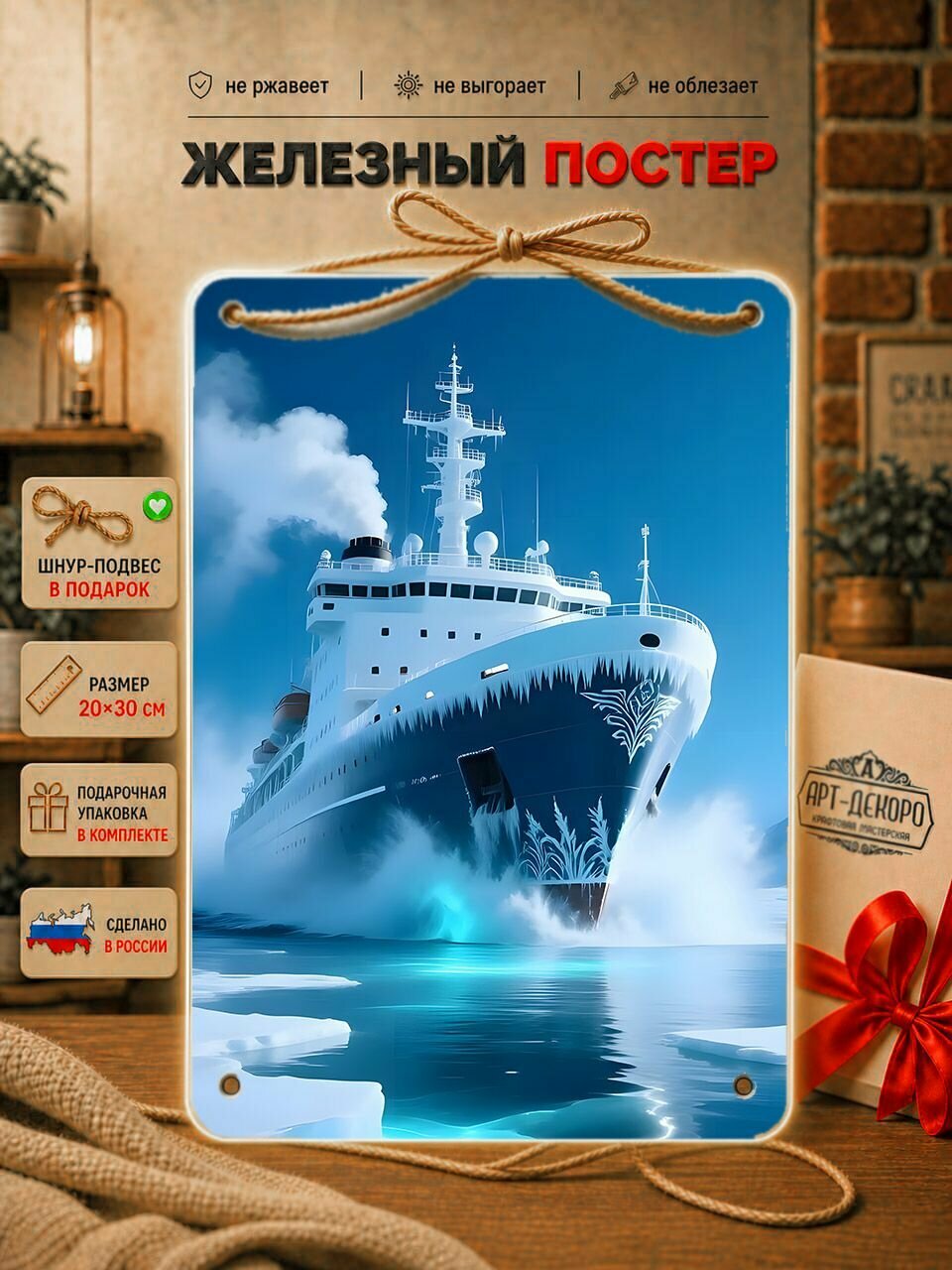 Железный постер 20 на 30 см. Корабль море, подарочная упаковка в комплекте
