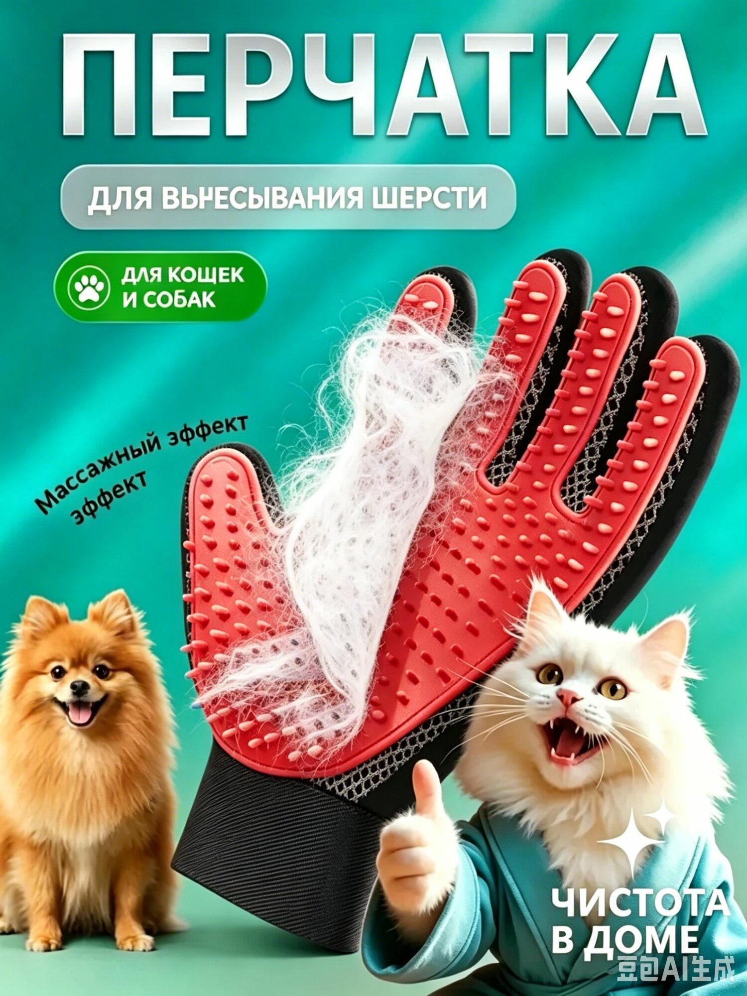 Мир Комфорта Перчатка для вычесывания шерсти кошек и собак - чесалка, щетка, массажер для питомцев